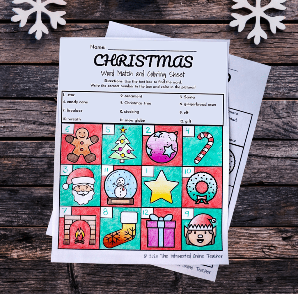 Christmas Word Match and Coloring Sheet - English/ESL - The Introverted ...