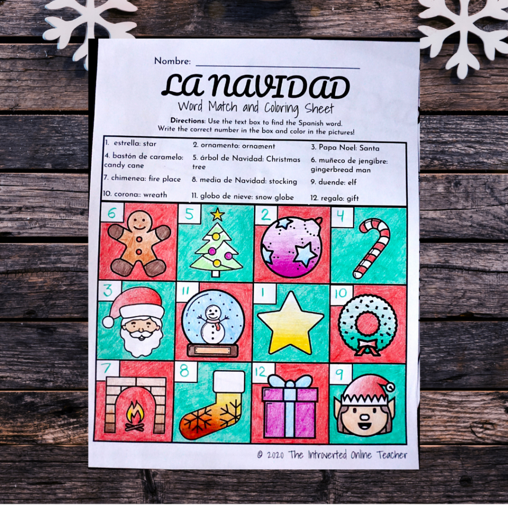 Spanish Christmas Word Match and Coloring Sheet - Spanish and English ...
