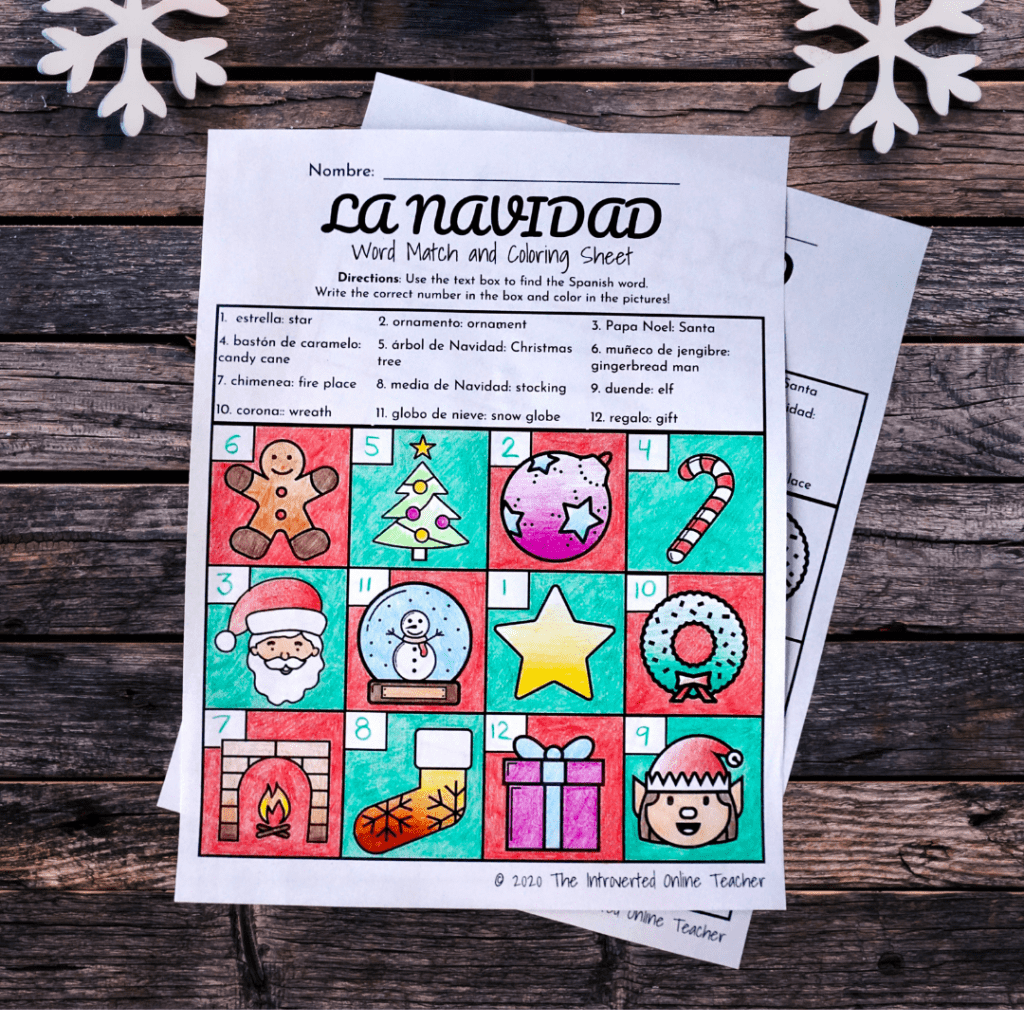 Spanish Christmas Word Match and Coloring Sheet - Spanish Only - The ...